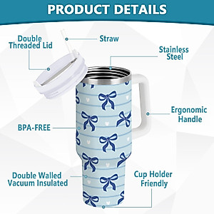 Bseiialft 40 oz Tumbler with Handle Blue Bow Heart Stripe Water Bottle with Lid and Straw Vacuum Insulated Cup Stainless Steel Travel Coffee Mug for Home Office Car