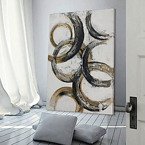 Hand-Painted Abstract Oil Painting Black White Circle Fine ArtHandmade Modern Acrylic Artwork Texture Painting Original Paintings Canvas Wall Art16x24inch(40x60cm)