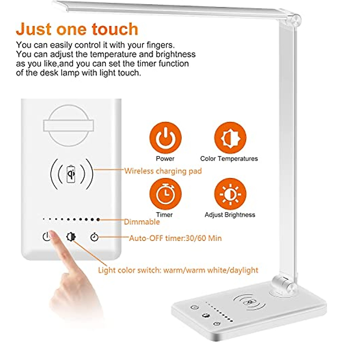 LED Desk Lamp, Wireless Charger, Dimmable, USB Charging Port,5 Modes, Reading Light for Home, Office , Touch Control, Auto-Off Timer Lamps (Silver 2.0)