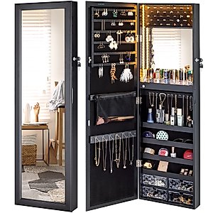LUXFURNI LED Lights Mirror Jewelry Cabinet, 47.2" Wall Mounted/Door-Hanging, Lockable Jewelry Mirror Organizer (Black)
