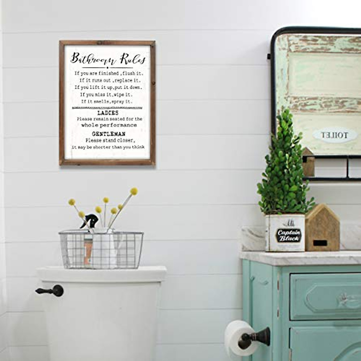 Wartter Rustic Bathroom Rules Sign,Farmhouse Toilet Wall Decor,Funny Bathroom Wood Framed Wall Art Decorations(11.8x15.8in) (white)