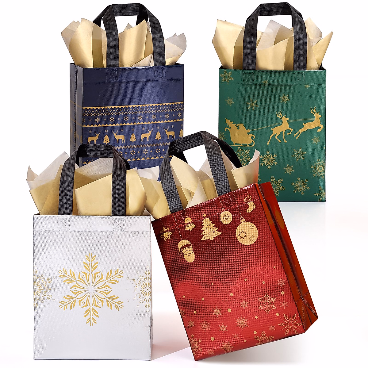 STYPOP 16 Pack 10" Christmas Gift Bags Medium Size with Tissue Paper, Reusable Christmas Tote Bags with Handles, Non-Woven Holiday Gift Bags for Christmas Gift Wrap, 10.2" * 8.3" * 4"