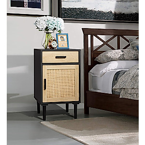 Finnhomy Tall Nightstands Set of 2, Night Stand, Bedside Table Set of 2 with Drawer and Shelf, Hand Made Rattan Decorated Doors, Nightstands with Storage for Bedroom, Black, 2 Pack