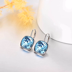 AOBOCO Sterling Silver Leverback Earrings with Simulated March Birthstone Crystals from Austria, Hypoallergenic Simulated Aquamarine Earrings, Fine Birthday Jewelry Gifts for Women Grandma Wife Mom