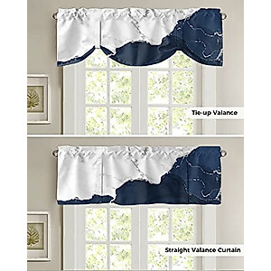 Tie Up Valance 12 Inches Long Wild Marble Pattern Gold White Navy Ombre Adjustable Top Shade Valance for Kitchen Window Treatments Rod Pocket Short Valances for Living Room Kids Room 42x12" 1 Panel