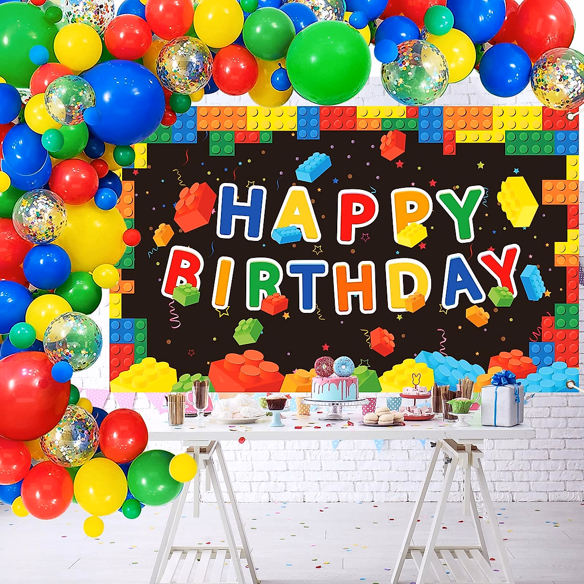81 Pieces Color Building Block Party Decoration Set Building Block Balloon Arch and Background Kit Child Building Block Balloon Garland Photo Props
