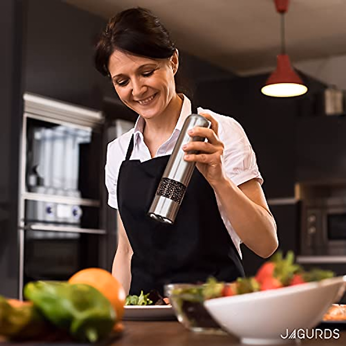 Electric Salt and Pepper Grinder Set - Automatic, Refillable, Battery Operated Stainless Steel Pepper Mill and Salt Grinder with Light - One Handed Push Button Salt and Pepper Shakers