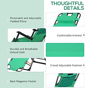 Outsunny Folding Chaise Lounge Chair for Outside, 2-in-1 Tanning Chair with Pillow & Pocket, Adjustable Pool Chair for Beach, Patio, Lawn, Deck, Green