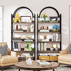 Tribesigns 5-Shelf Arched Bookcase, 72 inch Tall Rustic Wood Shelf with Black Metal Frame, Industrial Freestanding Open Bookshelf for Bedroom, Living Room,Small Spaces (Oak+Black, 1PC)
