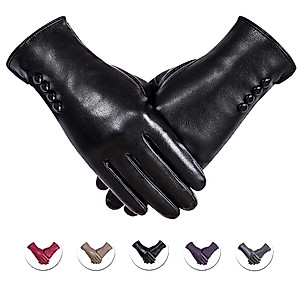 Alepo Winter PU Leather Gloves For Women, Warm Thermal Touchscreen Texting Typing Dress Driving Motorcycle Gloves With Wool Lining (Black-M)