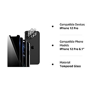 TOCOL 4 Pack Compatible for iPhone 12 Pro (Not for iPhone 12) - 2 Pack Privacy Tempered Glass Screen Protector and 2 Pack Glass Camera Lens Protector Alignment Frame Bubble Free Case Friendly - Black