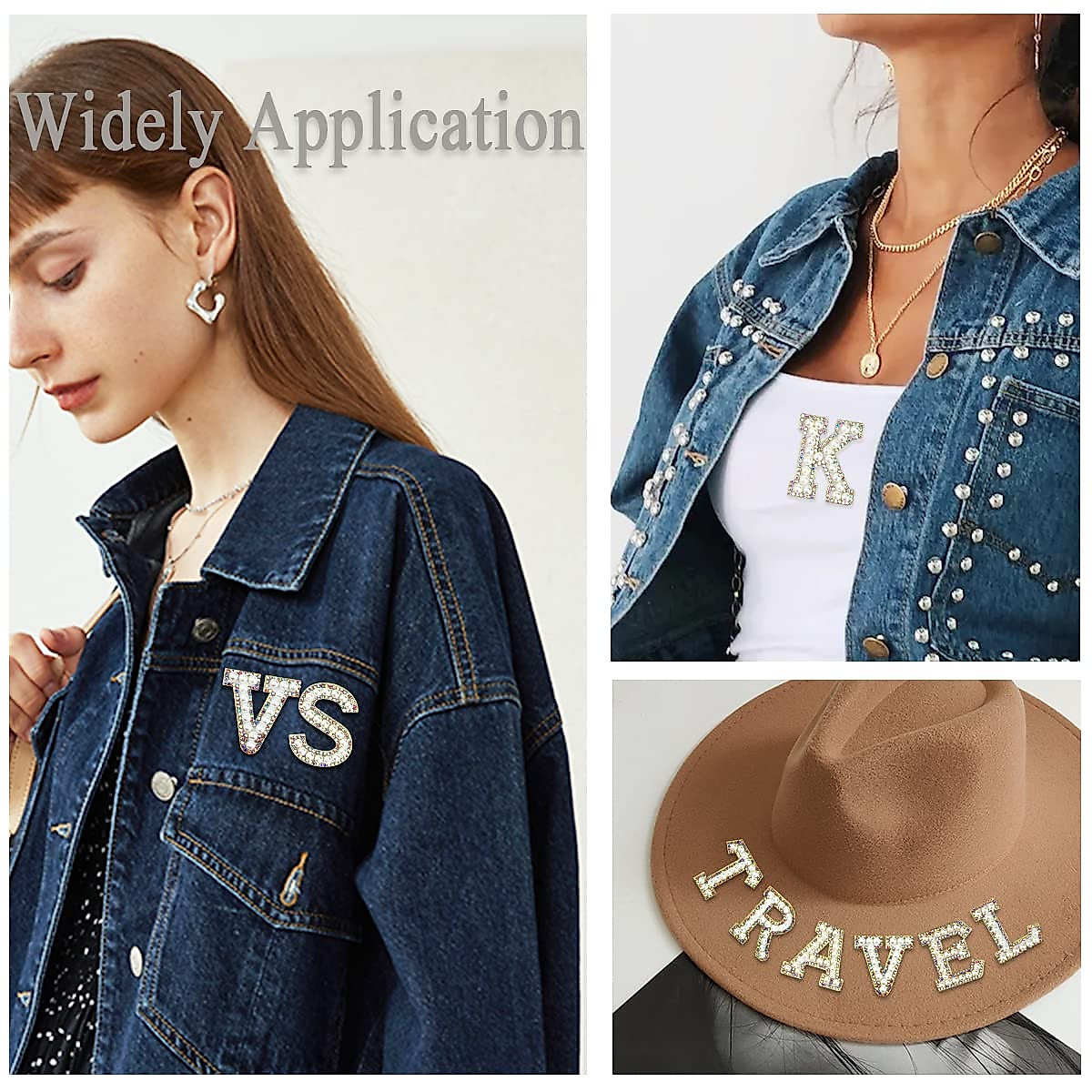 Sparkly Rhinestones and Elegant Pearls Iron On Patches for Clothing, A-Z Sew On Decorative Letter Patch Glitter Alphabet Applique Rhinestone Pearl English Letter for DIY Craft Supplies (C)