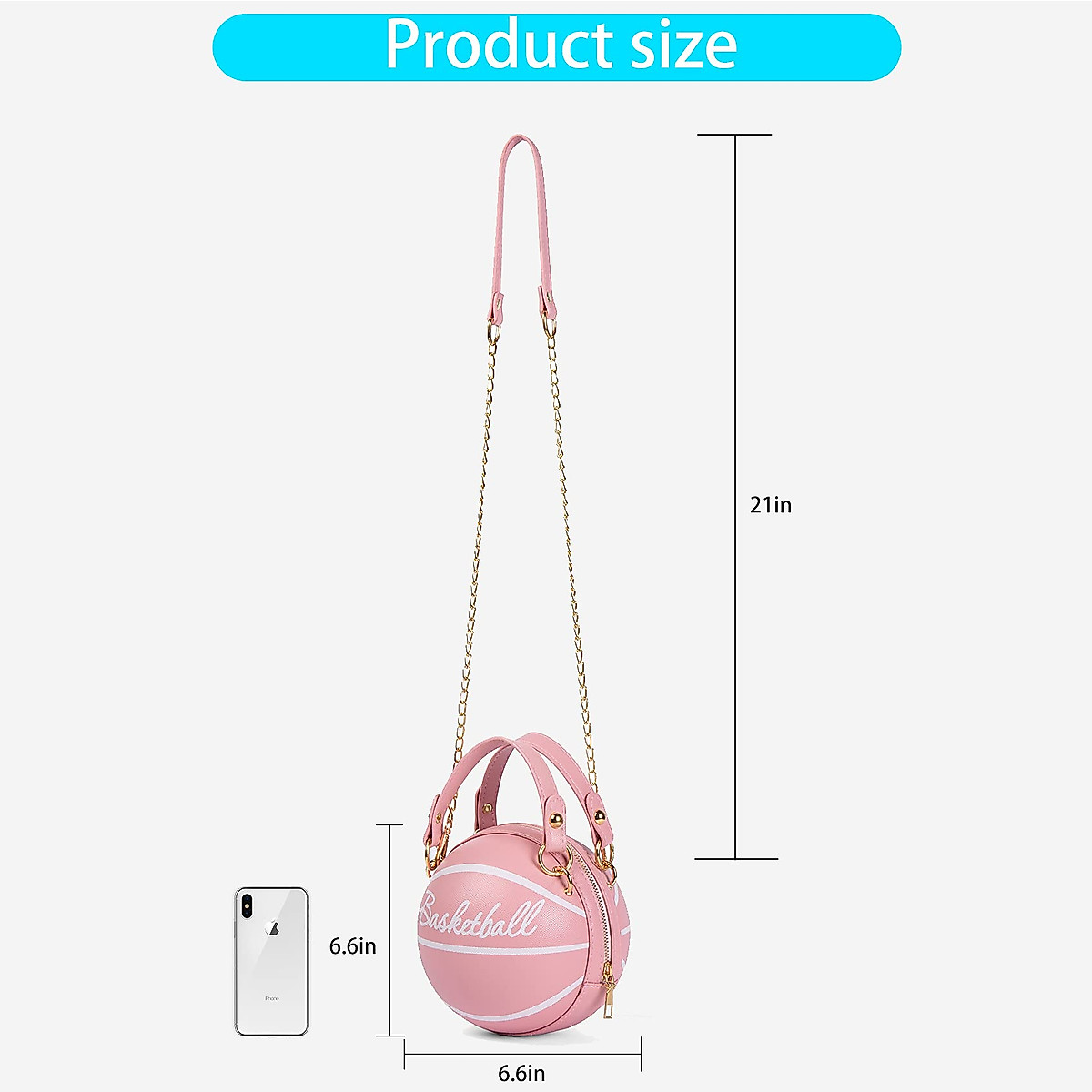 OHIW Women's basketball shoulder bag Messenger Bag handbag mini round bag PU bag, Zipper closure, suitable for women (pink)