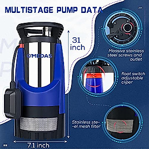 MEDAS 2HP 1500W 1717GPH Multistage Submersible Water Pump Deep Well Utility Pump Portable Electric Stainless Steel Pump for Swimming Pool Garden Tub Pond