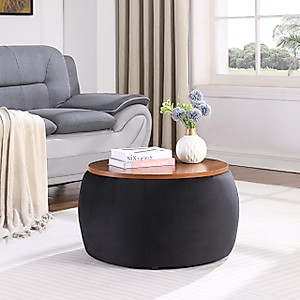 Morden Fort Ottoman Round Storage Coffee Table with Wooden Lid for Living Room, Circle 26" Ottoman, Black