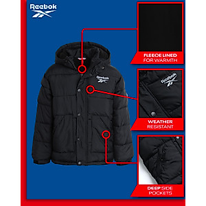 Reebok Boys' Winter Coat - Heavyweight Quilted Puffer Snow Parka - Weather Resistant Ski Jacket for Boys (8-20), Size 14-16, Premium Black