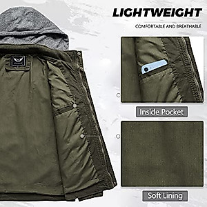 Men's Military Jacket Casual Cotton Lightweight Windbreaker with Removable Hood (Large, Army Green)