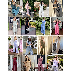 Ekouaer Women's 2 Piece Lounge Sets Short Sleeve Pajama Set Ribbed Knit Crop Top Wide Leg Pants Loungewear,Old Rose,L