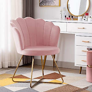 DUHOME Velvet Accent Chair，Living Room Chair with Back for Bedroom, Shell Shaped Living Room Chairs with Golden Metal Legs, Salmon Pink