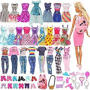 Barwa Lot 36 Items 3 Sets Fashion Dresses 3 Set Casual Tops and Pants 6 Pcs Mini Dresses with 1 Bags 10 Shoes, 13 Accessories for 11.5 Inch Girl Doll Birthday Xmas