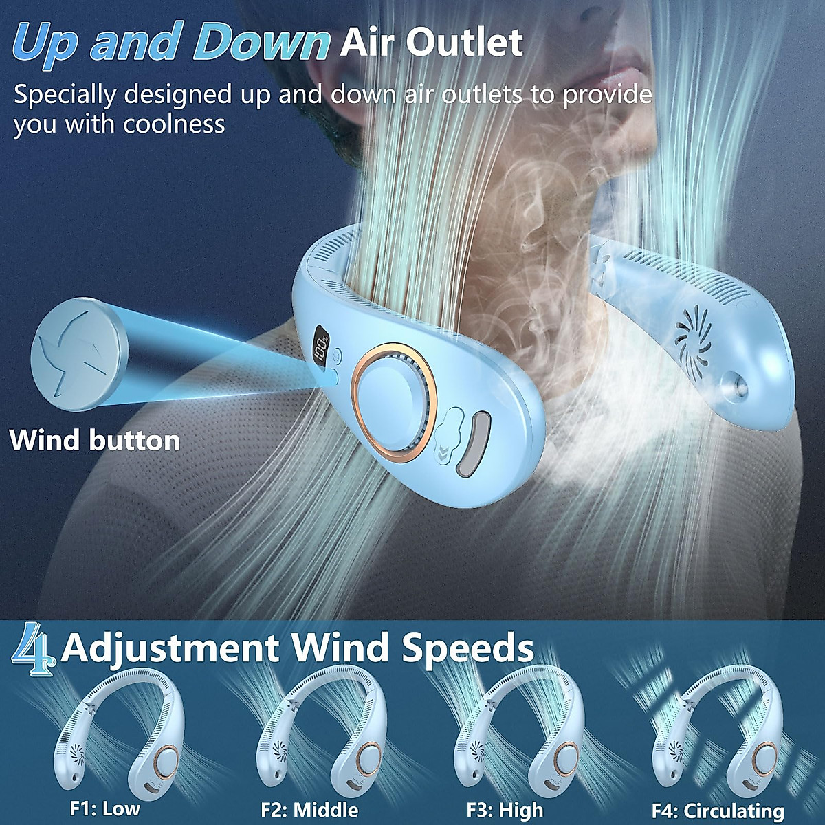 Neck Fans Portable Rechargeable-Foldaway Neck Fan with Mist,Personal Fan for Neck Wearable Hanging around,Cordless Neck Coolers for Female Male Kids Dad Mom Extremely Hot Weather Indoor Outdoor Blue