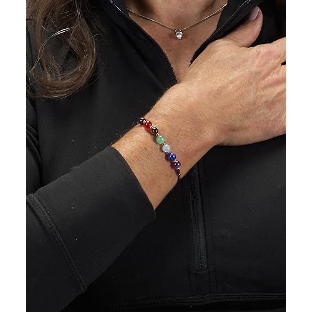 Cherry Tree Collection Natural Gemstone Chakra Bracelet | Adjustable Size Nylon Cord | 6mm Beads, Silver Spacers | 5.0-6.5" (Black-Small)