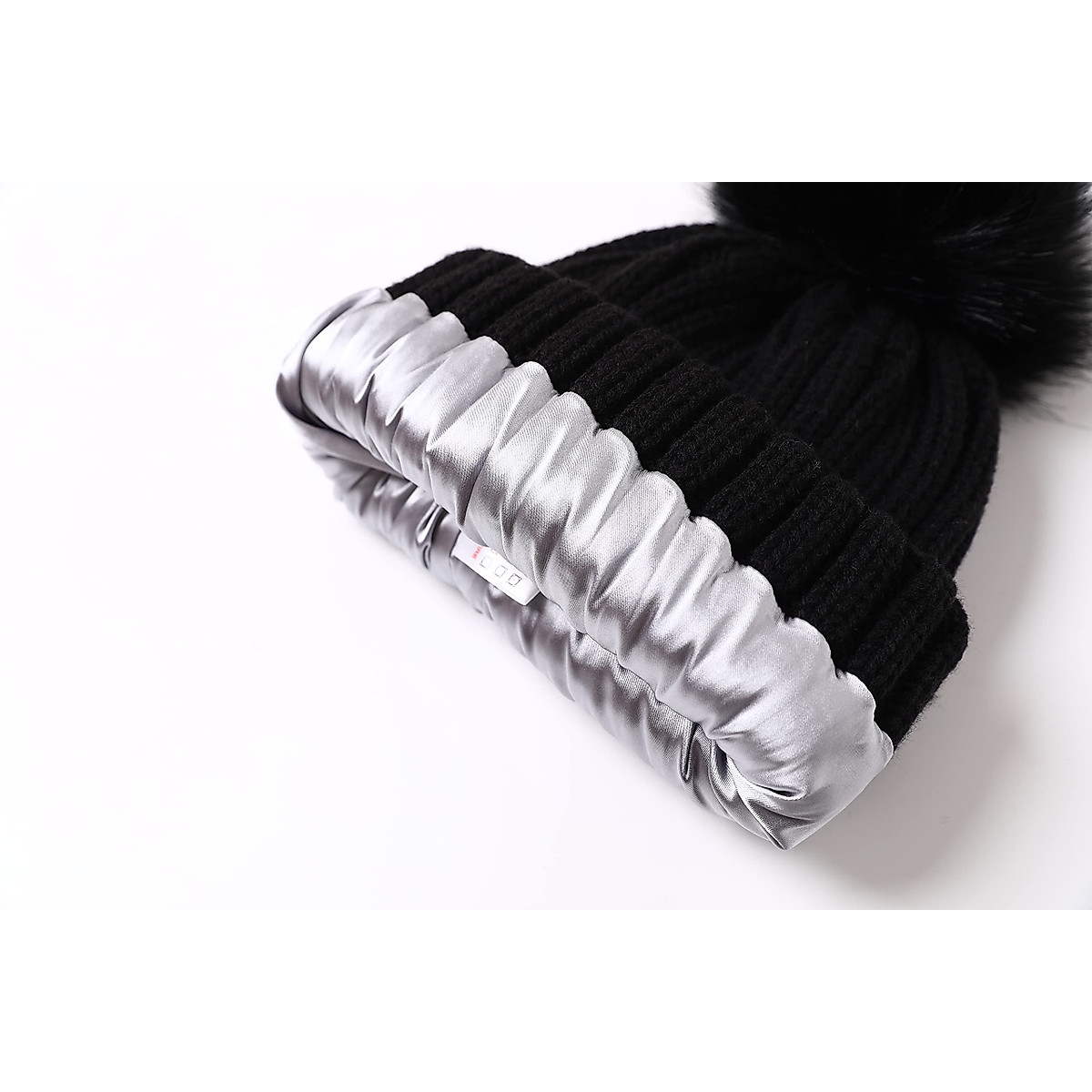 Roniky Womens Winter Beanie Hat, Silk Satin Lined Faux Fur Pom Pom Beanies Hat for Women Girls Warm Winter Knit Hats Black