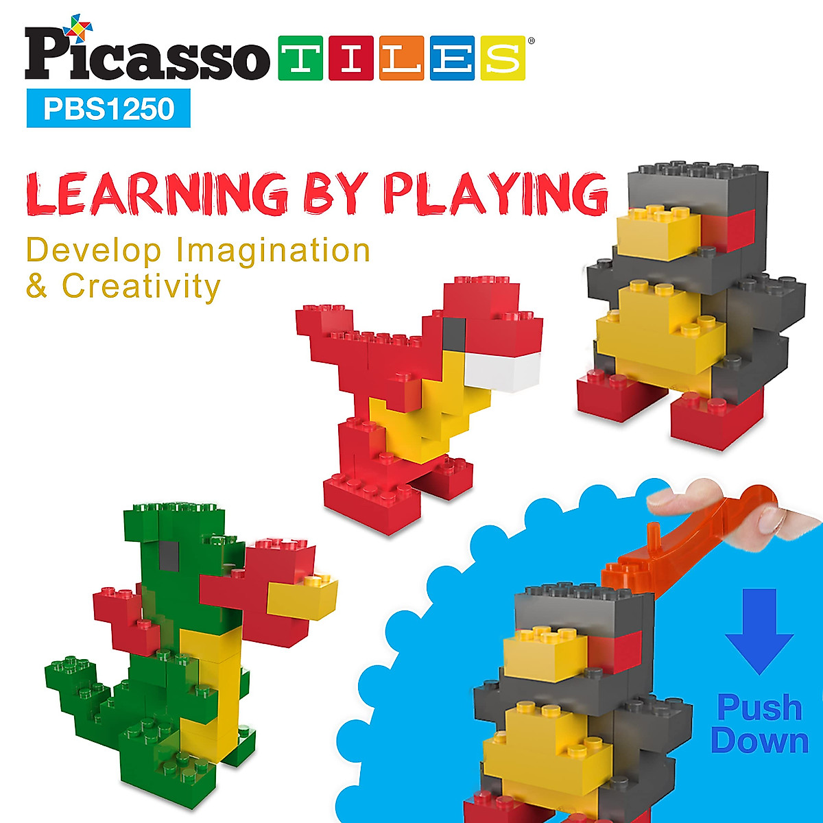 PicassoTiles 1250 PCs Educational Building Block Tiles Set Creative Shapes to Enhance Imaginative Play Unique Set to Characters and Numbers Learning STEM Toys Washable for Learning Education Ages 3+