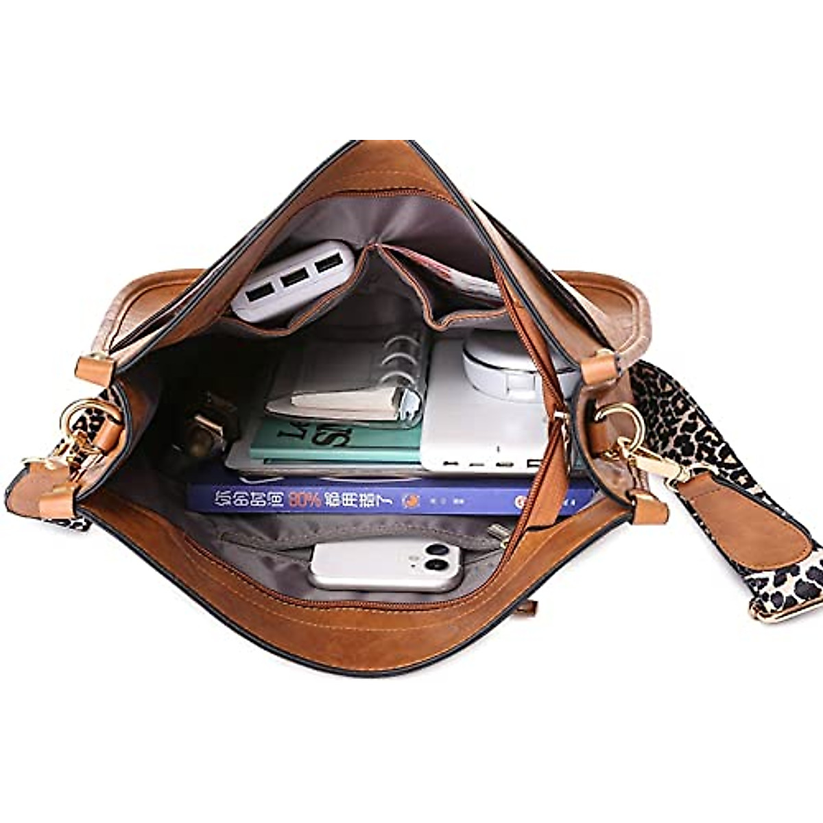 Women Crossbody Shoulder Bags Vegan Leather Hobo Bag Purse Bucket Bag with Leopard Guitar Strap