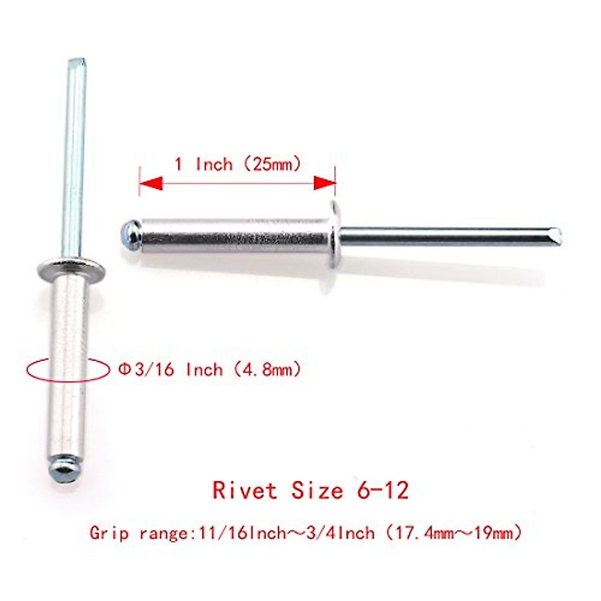 HJ Garden 120pcs 3/16 x 1 Inch (4.8x25mm) Aluminum Blind Rivet Self-Plugging Open End Decorating Fastener Nails Pop Rivets Core Pulling Rivets Grip Pange 11/16-3/4 Inch (17.4-19mm)