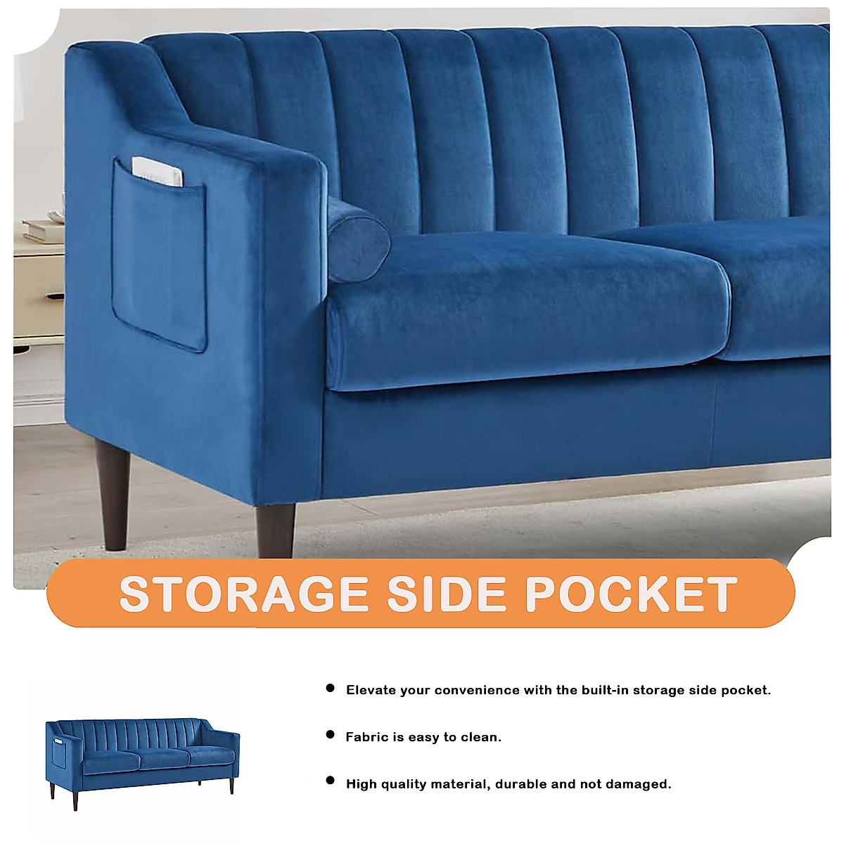 3 Seater Velvet Chesterfield Sofa, 77" Mid-Century Tufted Comfortable Upholstered Sofa Couch with Storage Side Pocket for Living Room Bedroom Office Apartment (Blue)