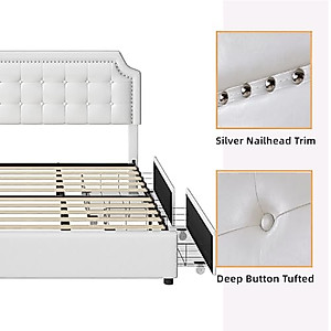 Keyluv Full Size Bed Frame with 4 Drawers, Upholstered Platform Storage Bed with Curved Button Tufted Headboard with Nailhead Trim, Solid Wooden Slats Support, No Box Spring Needed, Off White