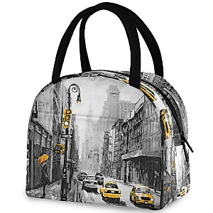 ZzWwR Trendy Street View of New York Reusable Lunch Tote Bag with Front Pocket Zipper Closure Insulated Thermal Cooler Container Bag Work Picnic Travel Beach Fishing