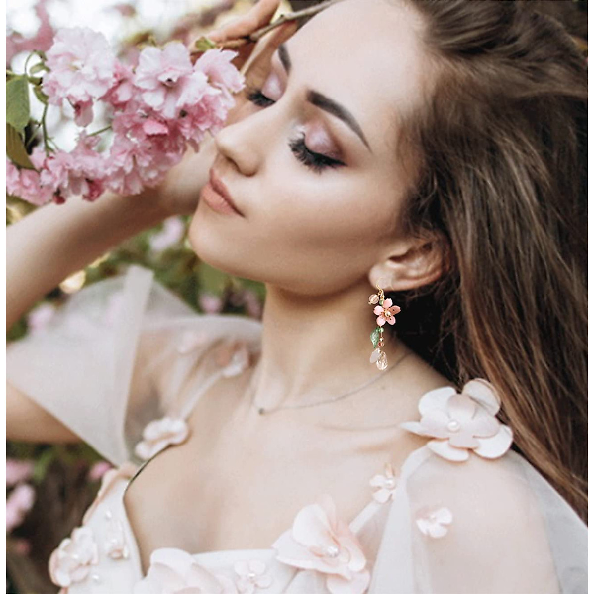 LAKIYOYO Pink Flower Dangle Earrings for Women Cute Pearl Leaf Sakura Leaf Earrings Fairy Statement Summer Refreshing Seaside Idyllic Holiday Earrings