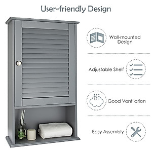 Tangkula Medicine Cabinet, Wall Mounted Bathroom Cabinet Single Door Wooden Bathroom Wall Cabinet with Adjustable Shelf (Grey)