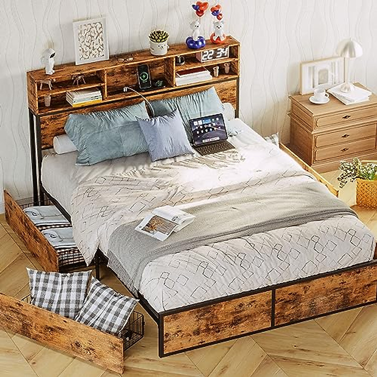 LIKIMIO Queen Bed Frame with Drawers 4 Storage Drawers & Bookcase Headboard & Charging Station, Sturdy and No Noise Platform Bed, No Box Spring Needed, Easy Assembly, Vintage Brown
