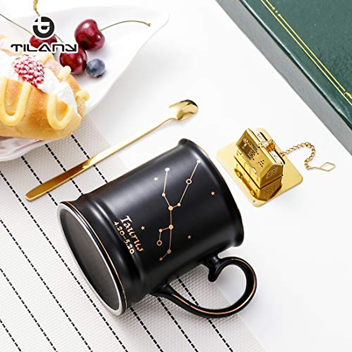 TILANY Ceramic Coffee Mug With Constellation Design - Black Tea Mugs With Golden Spoon & Tea Infuser - Large Porcelain Cups - Coffee Pottery Cup With Zodiac Sign - 13.5oz Cup Gift Set (Taurus)