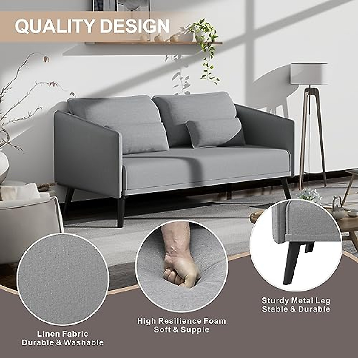 Lonkwa Loveseat Couch Sofa 59", Upholstered Couches for Living Room, Modern Fabric Love Seat, Mid Century 2 Seate Small Sofa with 2 Pillows - Small Space Office Bedroom Apartment, Light Grey