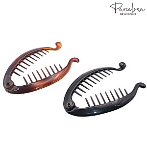 Parcelona French Effortless Mini Small Pair of Brown Tortoise Shell N Black Banana Hair Clip for Fine Hair