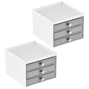 mDesign Plastic Small 3-Drawer Jewelry Organizer Box for Storage on Dresser, Vanity, Countertop - Holds Earrings, Bracelets, Necklaces, Bangles, Rings, 2 Pack - White/Gray