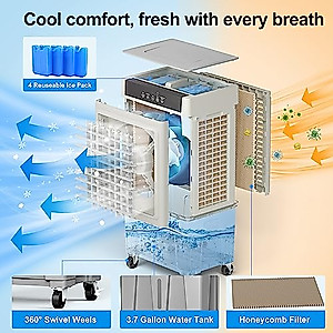Cozzyben 3 in 1 Swamp Cooler, 2100CFM Evaporative Air Cooler, Portable Ac Unit Air Conditioner 100°Oscillation, 3 Speed, 24H Timer, 4 Ice Packs & 5.3 Gal Water Tank for Garage, Patio, Outdoor