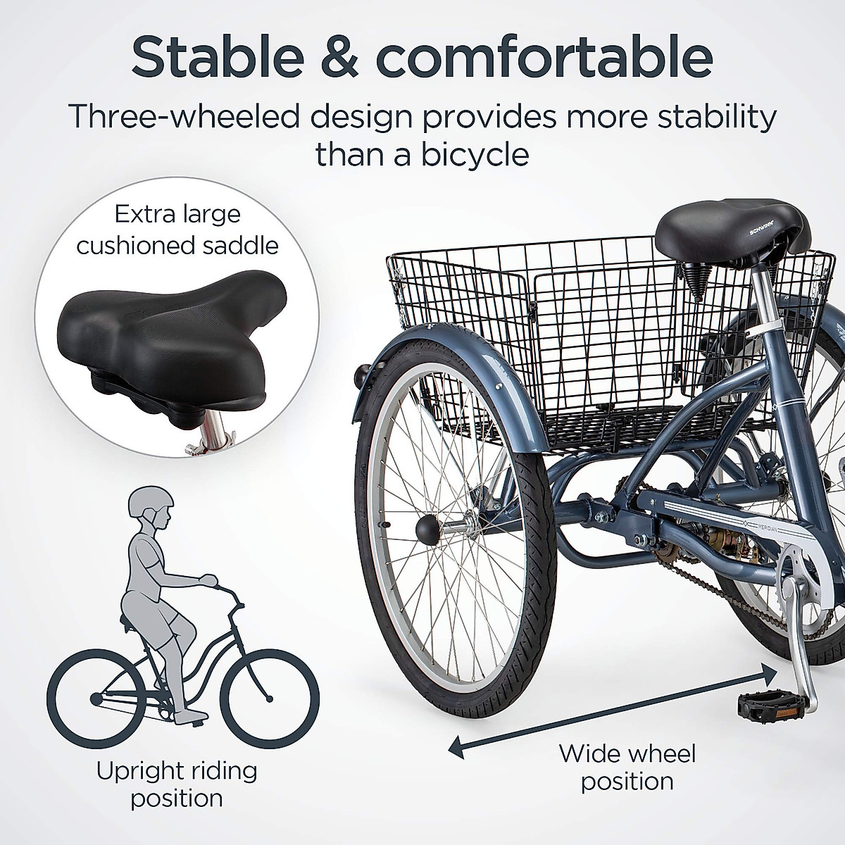 Schwinn Meridian Adult Tricycle Bike, Mens and Womens Three Wheel Beach Cruiser, 24-Inch Wheels, Low Step-Through Frame, Wide Seat, Rear Folding Basket, 1-Speed, Slate Blue