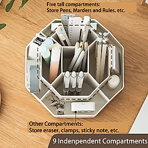 GGIANTGO Pencil Pen Holder for Desk, 9 Slots 360 Degree Rotating Desk Organizer, Cute Pen Organizers Stationery Supplies for Office Home & Art Supply (Beige)