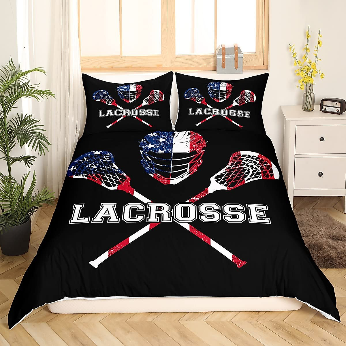 Lacrosse Comforter Cover Queen Size,Sports Ball Games Themed Bedding Set for Modern Room,American Flag Print Duvet Cover Set with 2 Pillowcases, Ultra Soft Bed Spread