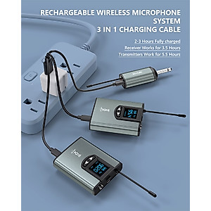 Wireless Microphone System Dual Transmitters Receiver Lavalier/Headset Mic Set Rechargeable Bodypack for PA Speaker, Camera, Video Recording, Teaching, Church, Interview