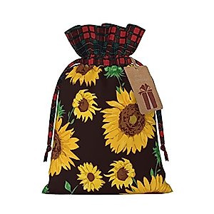 Christmas Drawstring Gift Bags Summer-Sunflower-Floral-Pattern Buffalo Plaid Drawstring Bag Party Favors Bags