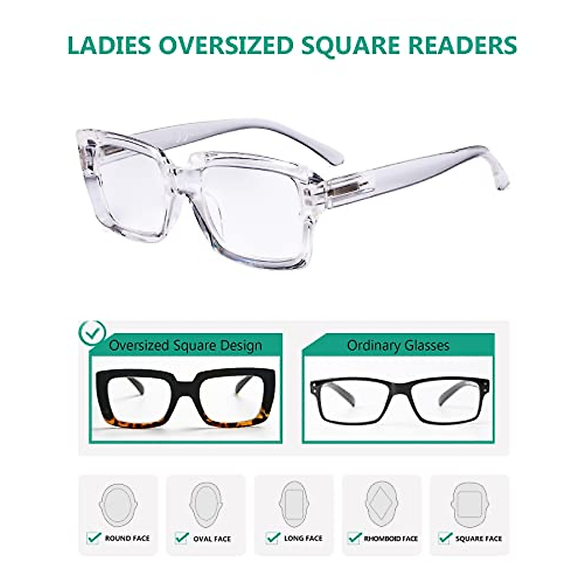 Eyekepper 4 Pack Ladies Reading Glasses - Stylish Oversized Square Readers for Women