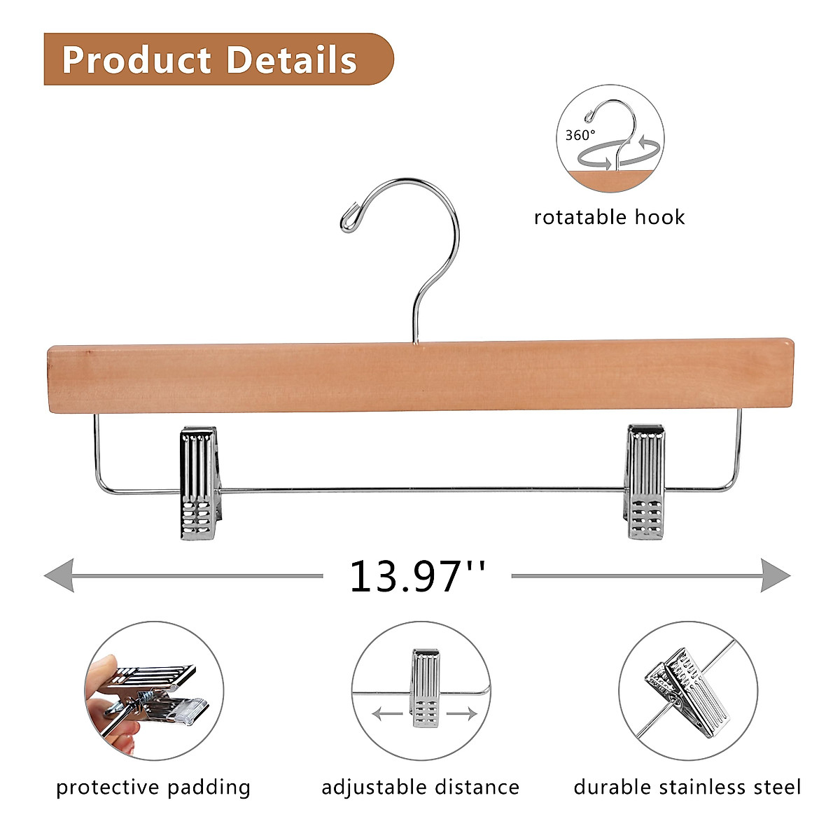 Wooden Pants Hangers, Solid Wood Bottom Jeans Skirt Hanger with 2-Adjustable Clips Anti Rust Hook Pack of 10 (Natural)-HL01NP