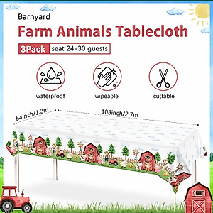 Heboland 3 Pieces Farm Animal Birthday Party Supplies Tablecloth, Large Size 54 x 108 Inch Rectangular Plastic Table Cover, Barnyard Birthday Party Supplies Decorations for Baby Shower Boys Girls