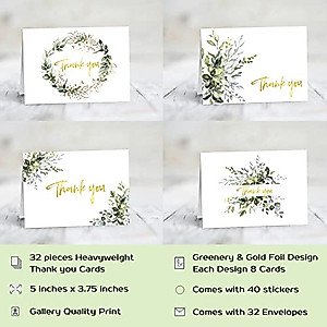 Thank You Cards with Envelopes & Stickers - Gold Foil Greenery (Bulk 32-Pack), Watercolor Eucalyptus Thank You Blank Notes For Engagement, Wedding, Baby Shower, Graduation, Bridal, Business, Anniversary